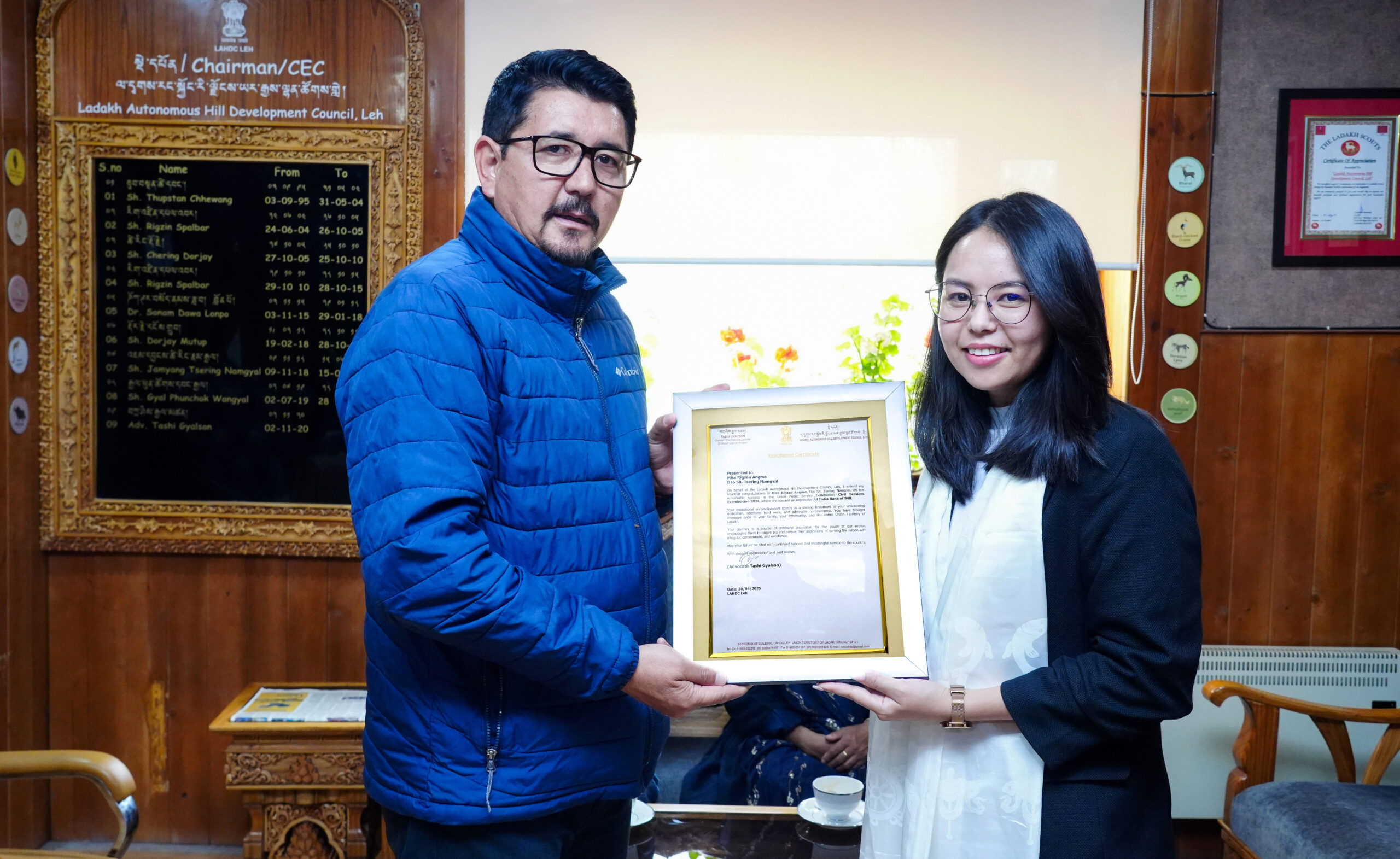 CEC Gyalson congratulates UPSC Achiever Rigzin Angmo – Indus Dispatch