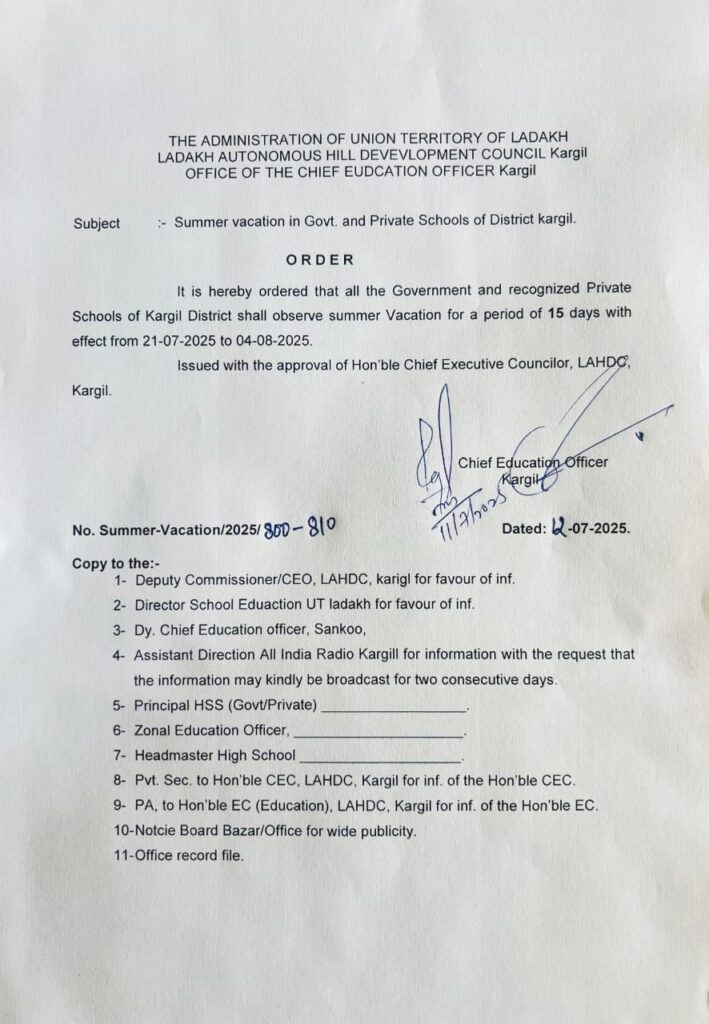 15-Day Summer Vacation Announced for Schools in Kargil District – Indus ...