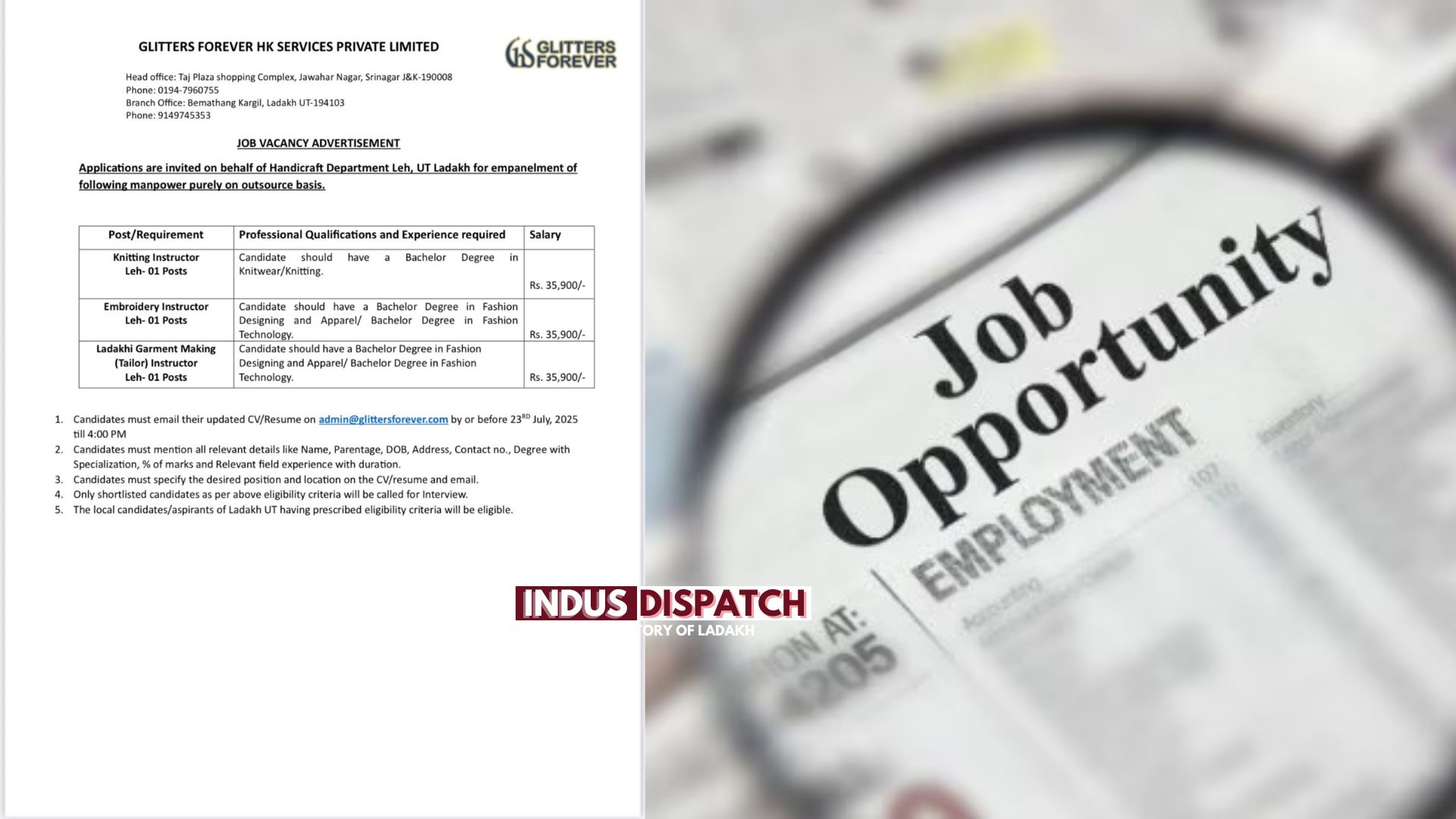 Handicraft Dept Leh announces instructor vacancies on outsource basis – Indus Dispatch